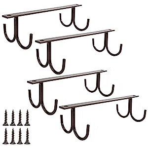 RealPlus 4pcs Under Cabinet Mug Rack, Rustic Mug Organizer Rack Cup Holder Under Shelf 16 Mugs Hooks, Display Hanging Cups Drying Hook for Bar Kitchen Utensils (Bronze)
