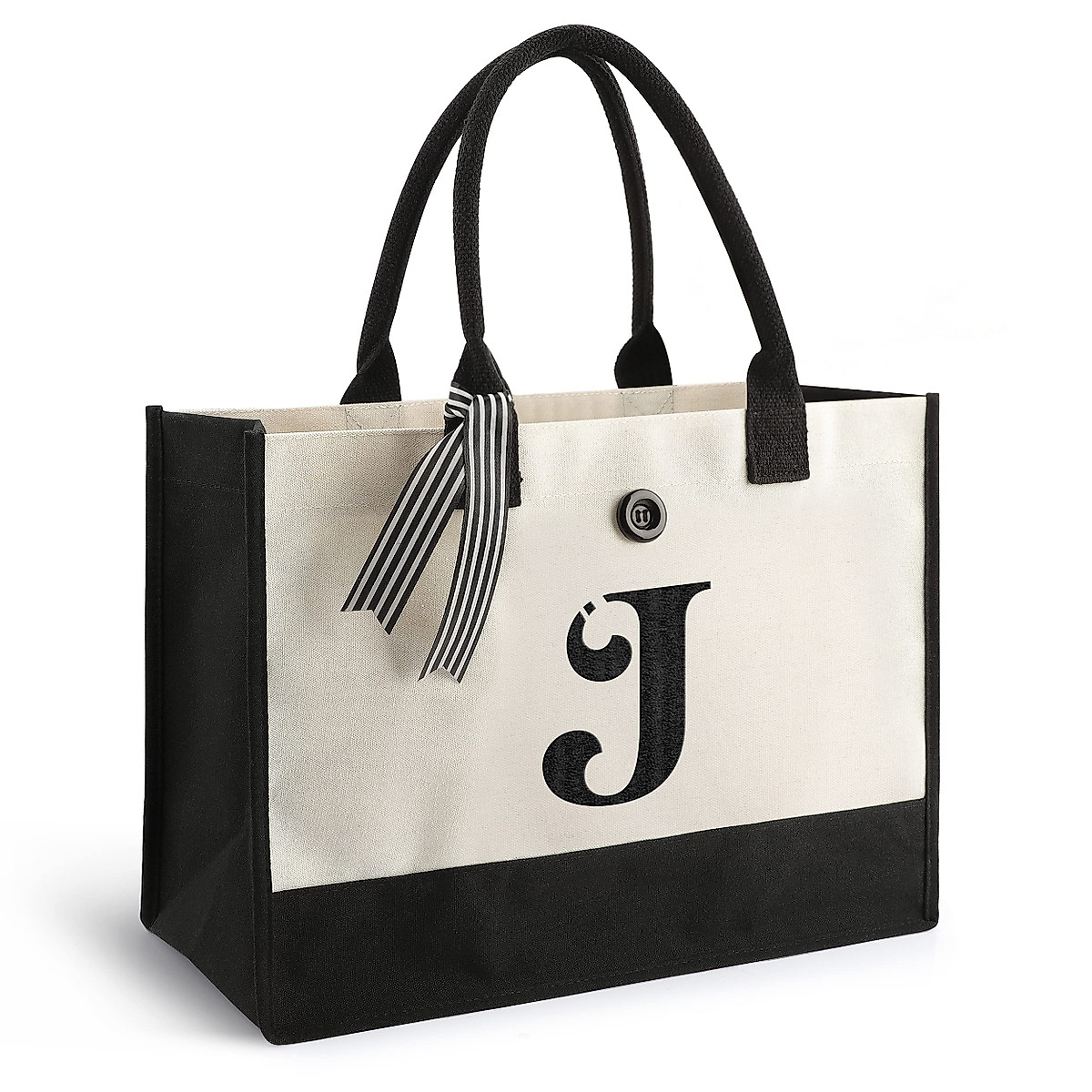 YOOFAN Initial Canvas Tote Bag - Personalized Monogrammed Gift Tote Bag for Wedding, Birthday, Beach, Holiday - Gift for Women, Mom, Teachers, Friends, Bridesmaids (J)