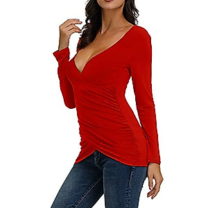 ALLEGRACE Women Sexy Open V Front Wrap Pleated Slim Top Tee Cross Hem Long Sleeve Ruched T Shirt Orange Red L