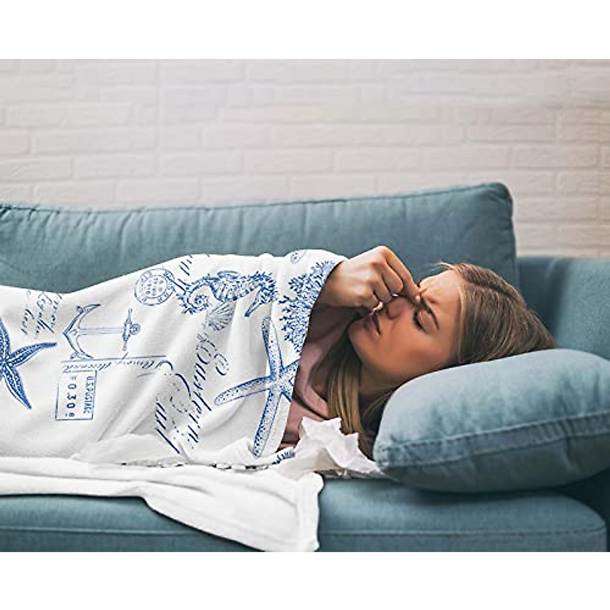 ERXPOOD Flannel Fleece Blankets, Soft Warm Throw Blanket Ocean Underwater Marine Life Starsfish Shell Lightweight Sofa Bedspread Throws for Couch/Bed/Living Room Bedroom Nautical Sailboat Anchor