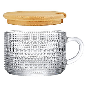 Newpow Vintage Coffee Mugs Set of 4, Glass Cups Overnight Oats Containers with Bamboo Lids and Spoons, Cute Coffee Bar Accessories, Iced Coffee Glasses - Clear 13oz