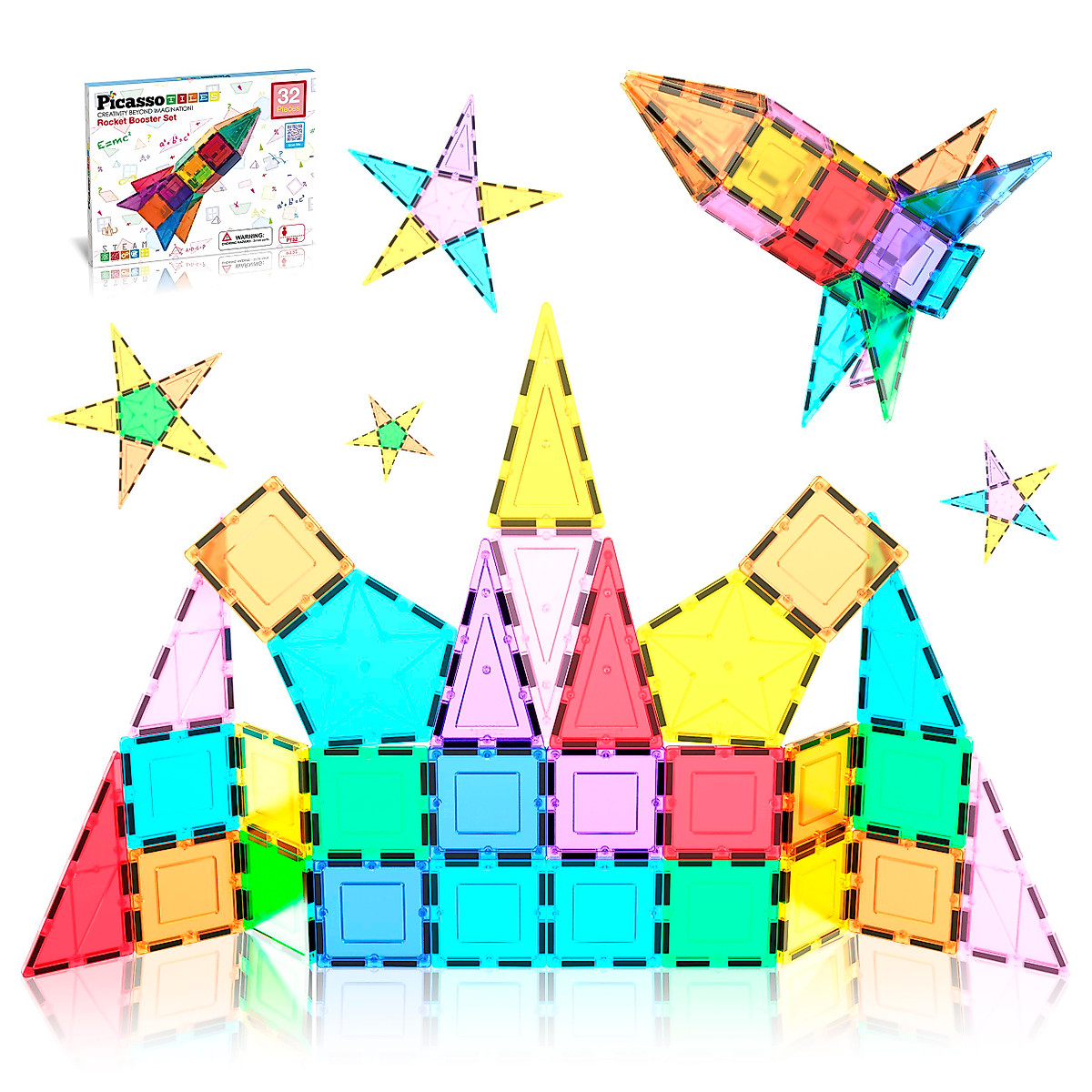 PicassoTiles Magnetic Building Block Rocket Booster Theme Set Magnet Construction Toy Educational Kit Engineering STEM Learning Playset Child Brain Development Stacking Blocks Playboard PT32
