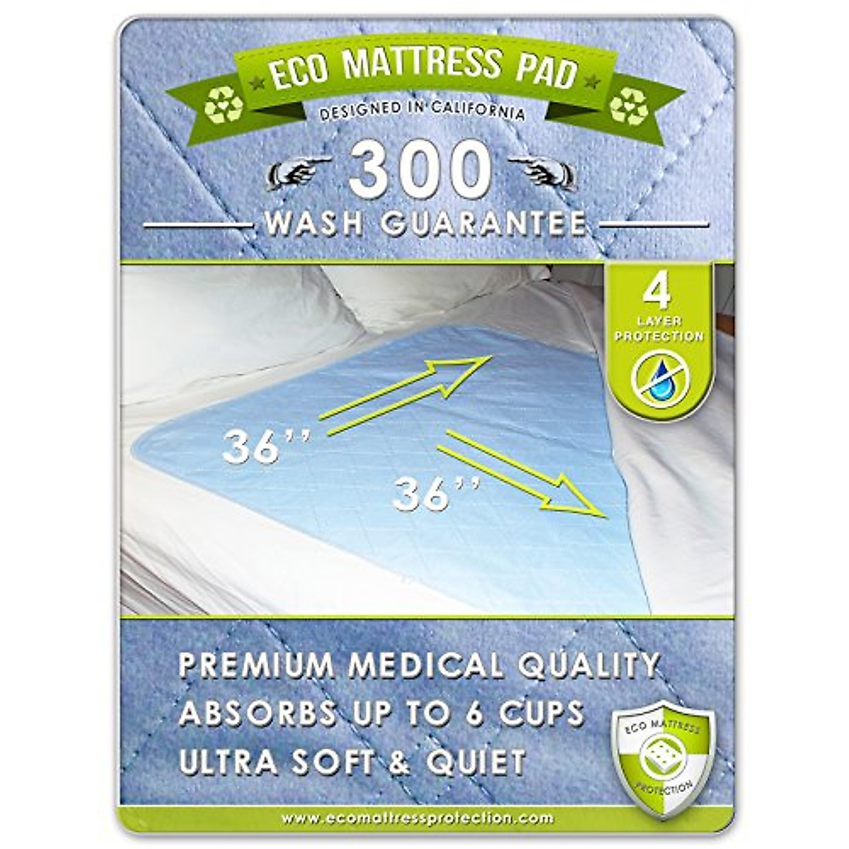 1 Eco Mattress Protection Pad. Premium Grade- Waterproof Sheet and Mattress Protector. 300 Wash Guarantee, 36” x 36”, Light Blue.