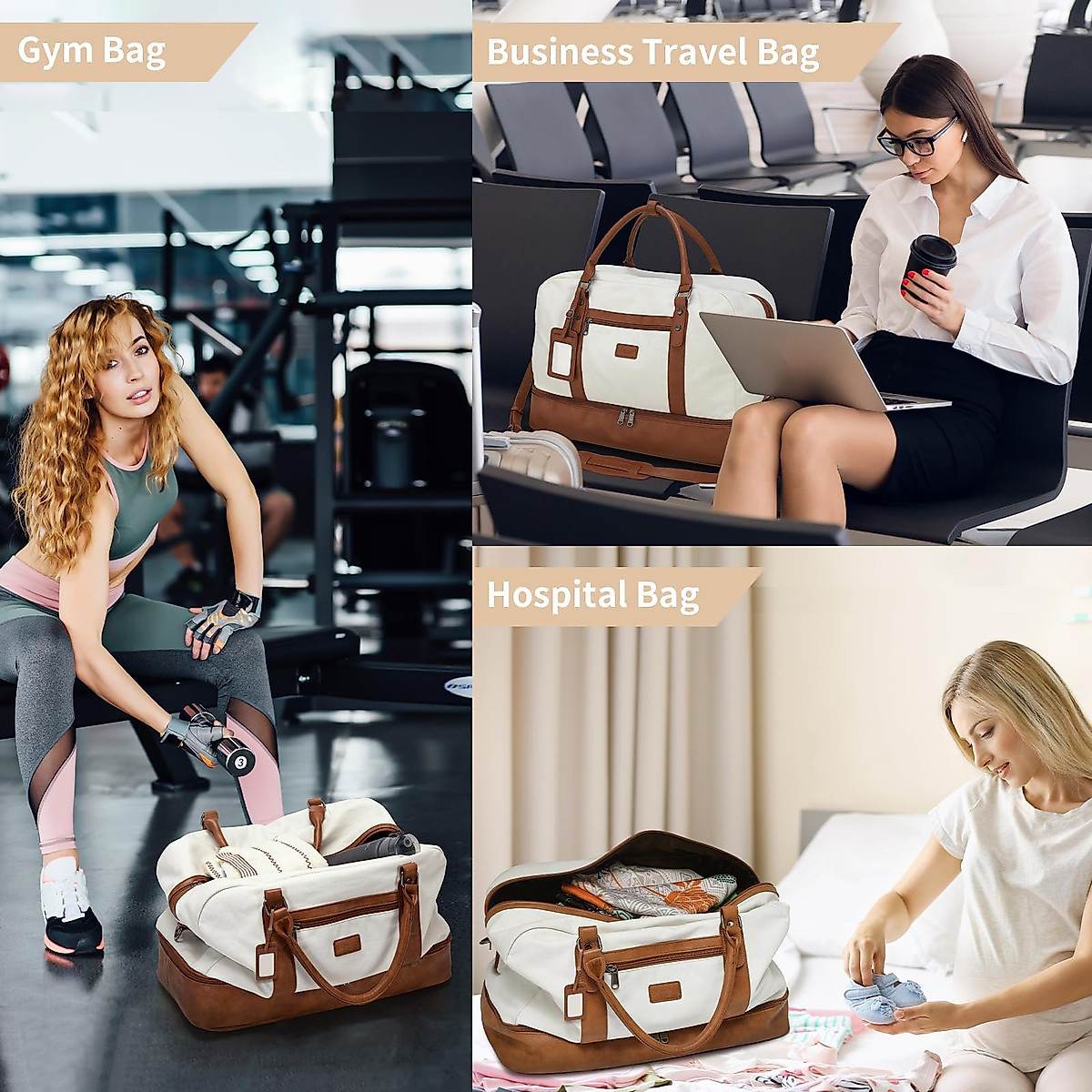 Wogarl Weekender Bags for Women Large Canvas Overnight Bag Travel Duffel Bags Carry on Shoulder Weekend Bag Tote with Shoe Compartment for Travel Night Flight Daily Use (Beige)