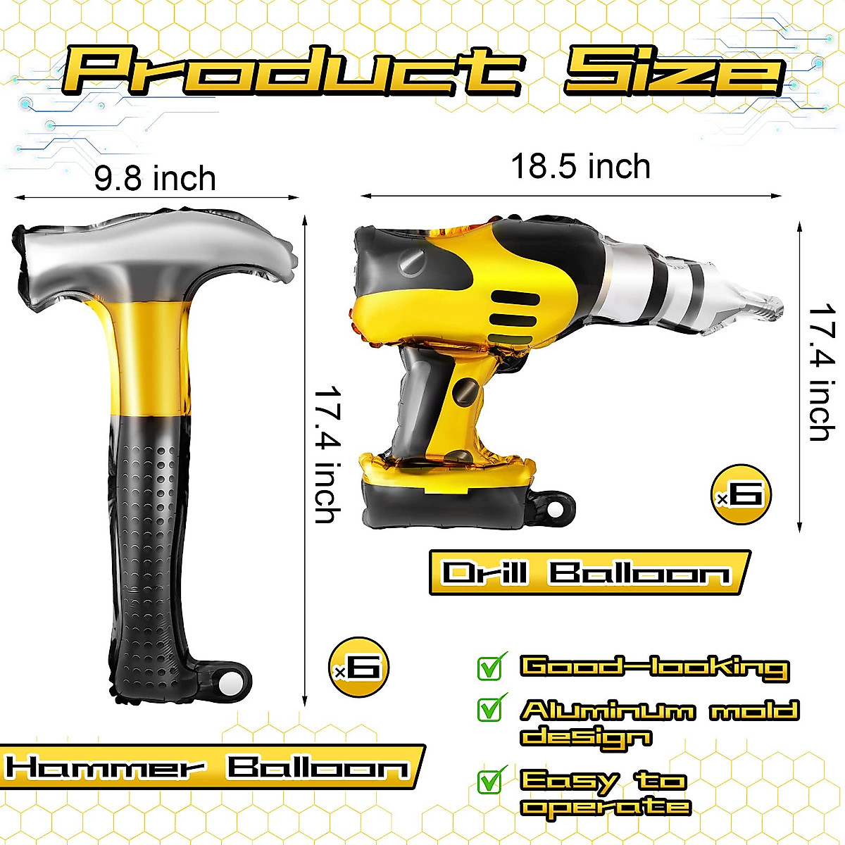 Lenwen 12pcs Hammer Balloons Drill Balloons 17 Inch Inflatable Toys Construction Party Decorations Electric Screwdriver Balloon Decorations for Father's Day Party Husband Boyfriend Birthday Party