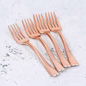 Cabilock 24pcs Disposable Mini Fork Fruit Dessert Pudding Forks Mini Plastic Tasting Forks for Appetizer Desserts Cocktail Cake Fruit Wedding Party Rose Gold