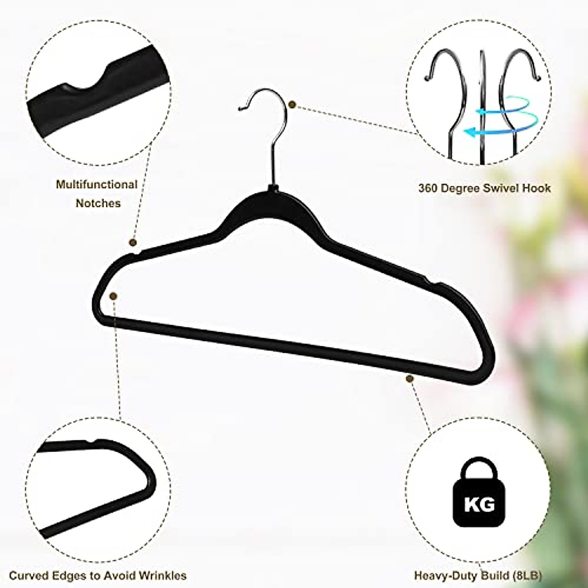 Quality Hangers 50 Pack Slim Plastic Hangers for Clothes - Heavy Duty Non-Velvet Hangers with 360° Swivel Chrome Hook & Non Slip Notches - Ideal for Dresses Coats Shirts Jackets & More - Black
