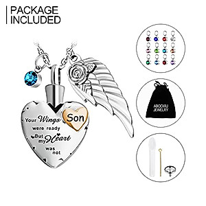 abooxiu Heart Urn Necklaces for Ashes with 12 Pcs Birthstones Cremation Necklace for Ashes Stainless Steel Cremation Jewelry for Son - Your Wings Were Ready, But My Heart Was Not