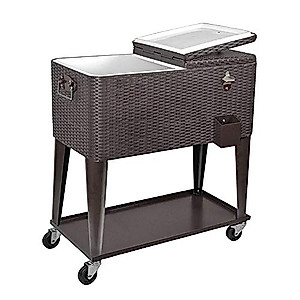 80 Quart Qt Rolling Cooler Ice Chest Beverage Cart, Dark Brown Wicker Faux Rattan Ice Tub Trolley, Portable Outdoor Backyard Patio Deck Party Drink Beverage Bar, Wheels with Shelf & Bottle Opener