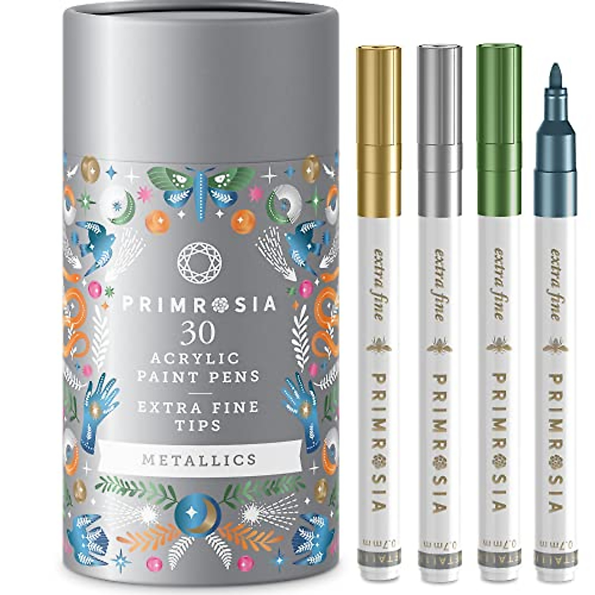 Primrosia 30 Metallic Markers - Acrylic Paint Pens – Extra Fine Tip Metallic Markers Set. Art supplies for DIY Craft, Drawing, Ceramics, Coloring, Rock Painting, Calligraphy and Lettering