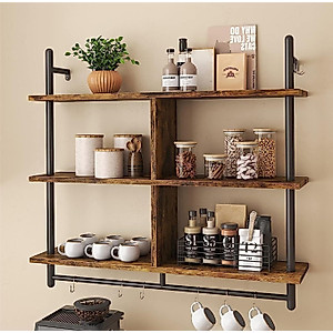 HOLMZCED 3 Tiers Wood Floating Shelving with Hooks, Industrial Wall Mounted Shelf Modern Wall Shelves Hanging Vintage Display Storage Shelf for Living Room Bathroom Bedroom Kitchen Coffee Bar