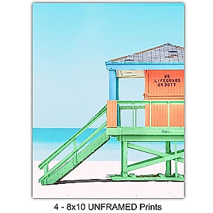 Ocean Art Print Set - Tropical Palm Trees and Surfing Wall Art Posters - Unique Home Decor for Lake or Beach House, Bathroom - Gift for Surfers - 8x10 Photo Unframed