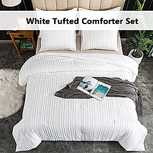 Andency White Queen Size Comforter Set, 3 Pieces Boho Tufted Striped Bedding Comforter Set for Queen Bed, All Season Lightweight Soft Fluffy Microfiber Bed Set