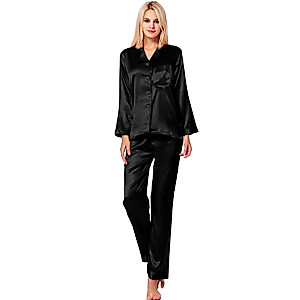 SWOMOG Long Sleeve Pajamas Set Silk Satin Sleepwear Button Down Pjs Loungewear with Pocket Black X-Small