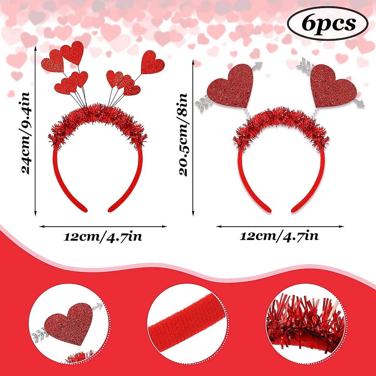 Whaline Valentine's Day Party Accessories 6Pcs Glitter Red Heart Bopper Headbands and 6 Pairs Heart Shape Eyeglasses Love Arrow Sparkling Hairband Transparent Eyewear for Wedding Party Favor Supplies