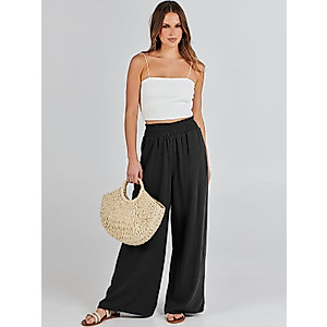 Caracilia Womens Linen Pants Wide Leg Palazzo Lounge Pant High Waisted Flowy 2024 Summer Beach Work Boho Casual Trousers Black Medium