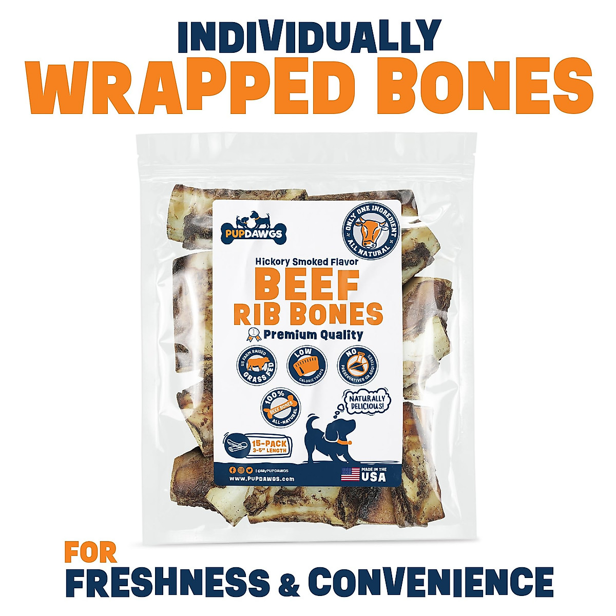 PUPDAWGS Single Ingredient Dog Bones - Made in USA - Small Beef Rib Bones - Natural Dog Bones for Aggressive Chewers - from USDA Inspected Beef - Hickory Smoked - Wrapped in Sets of 5 (15 Piece Pack)