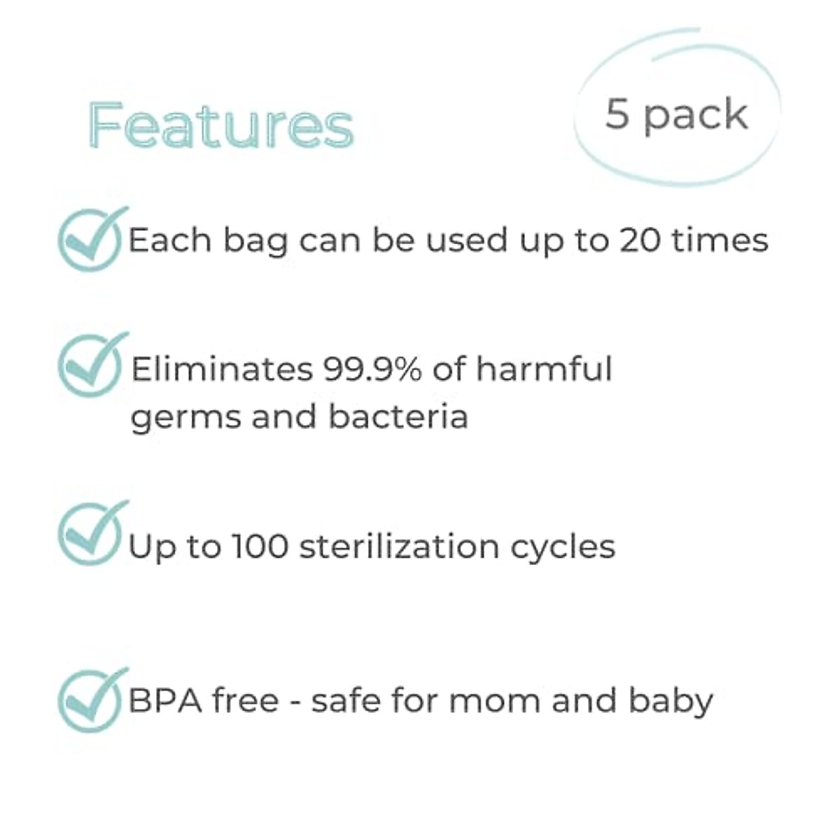 Zomee Microwave Steam Sterilizer Bags | Eliminates 99.9% of Germs and Bacteria | Disinfects Most Zomee Breast Pump Accessories | 5 Bags | Reusable for Up to 100 Sterilization Cycles