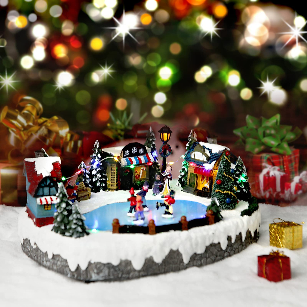 TOYESUNA Christmas Decoration Musical Snow Village Figurines Display Skating Pond Christmas Snow Globe Aldea De Navidad with 8 Music for Kids Gift Christmas Decor Home Decoración De Escritorio Large