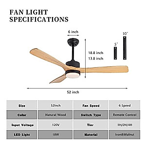 revoici 52” Ceiling Fans with Lights Remote Control,Indoor Outdoor Wood Ceiling Fan with 3 Blade for Patio Living Room, Bedroom, Office, Summer House, Etc