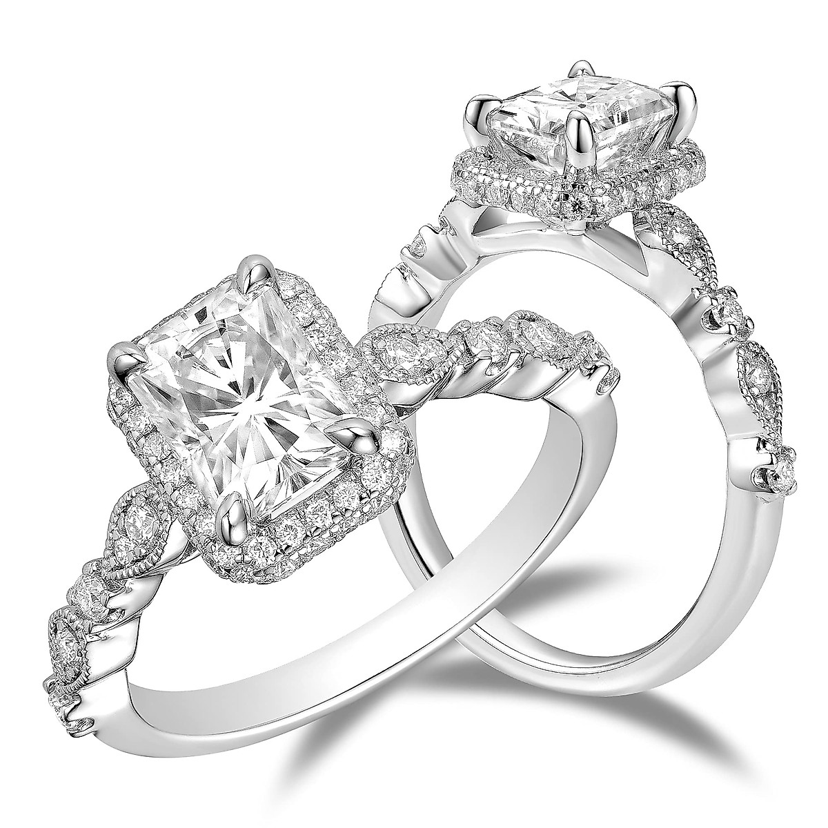 DovEggs Center 2ct 6X8mm G-H-I Color Radiant Cut Moissanite Hidden Halo Engagement Ring with accents 14k Gold Quality Silver Engagement Ring for Women(Engagement Ring Only, 7)