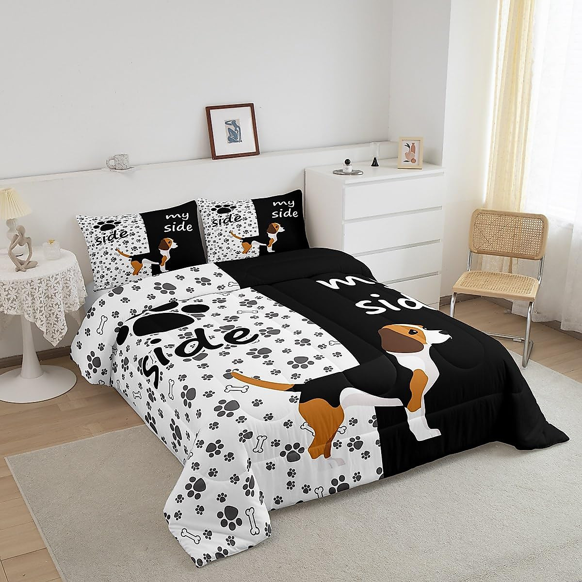 Lovely Dog Paw Comforter Set Full,Cute Puppy Bones Bedding Set Black and White Animal Theme Down Comforter Ultra Warm Dog Side My Side Quilted Duvet for Kids Boys Girls Couple with 2 Pillow Shams