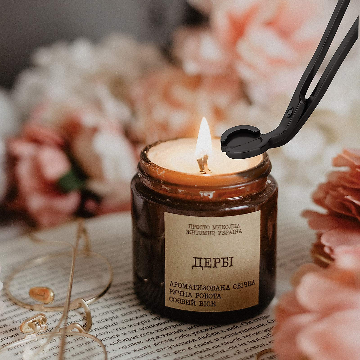 CHEFBEE Candle Wick Trimmer, Polished Stainless Steel Wick Clipper Cutter, Scissors, Reaches Deep Into Candles to Cut Spent Wicks, Allow Cleaner Burn and Prevent Soot Buildup (Black)