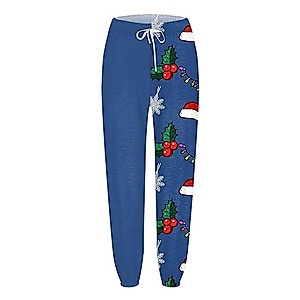 Jogger Sweatpants Women,Womens Sweatpants with Pockets Xmas Santa Claus Print Elastic Waisted Workout Active Joggers Drawstring Baggy Sweatpants Ugly Print Blue XL