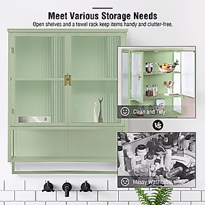 VKTO Bathroom Wall Cabinet with 2 Glass Door, Over The Toilet Storage Metal Hanging Cabinet with Towels Bar and Shelves, Medicine Cabinet for Bathroom Laundry Room Kitchen (Green)