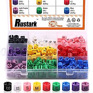 Rustark 290 Pcs Colored Clothes Hanger Markers Assortment kit- 9 Sizes (XXS - 4XL) Color-Coding Garment Size Markers Color Clothing Coded Size Clips Set with Storage Box