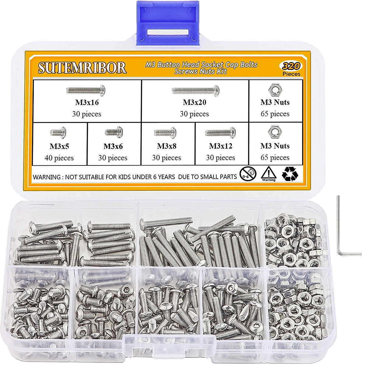 Sutemribor 320 Pieces M3 Stainless Steel Button Head Hex Socket Head Cap Bolts Screws Nuts Assortment Kit + Wrench