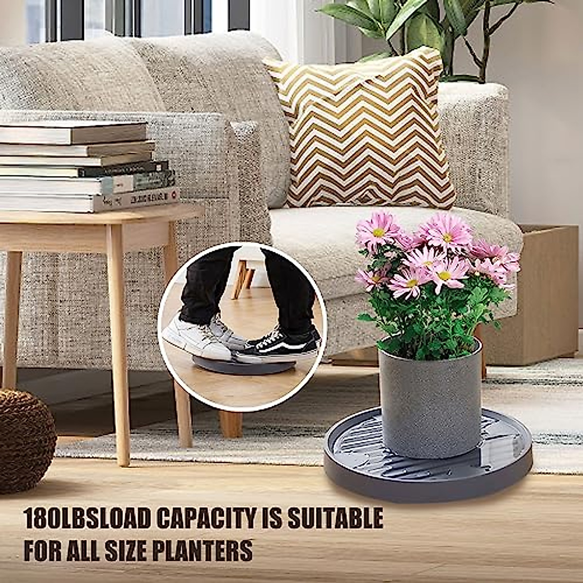 2Pack Plant Caddy with Wheel, 360°Plant Pallet Caddy with 4 Invisible Wheels, Heavy Duty Plant Trolley with Casters Outdoor Planter Stand Load Capacity 180 lbs, 12Inch (Grey)