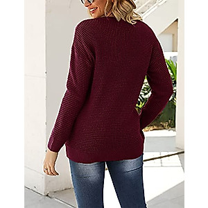 MEROKEETY Women's Long Sleeve Waffle Knit Sweater Crew Neck Solid Color Pullover Jumper Tops Wine