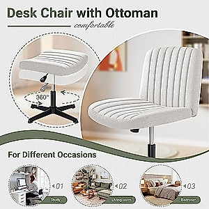 Flamaker Desk Chair No Wheels Arms, Armless Office Chair with Ottoman, Cross Legged Wide Fabric Padded Home Office Chair Task Chair for Living Room (Beige)