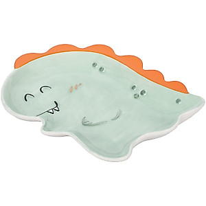 MyGift Fun Adorable Dinosaur Shaped Ceramic Plate, Cute Turquoise Cartoon Stegosaurus with Orange Spine, Small Serving Happy Dino Platter Snack Tray