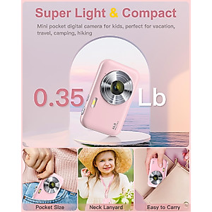 Digital Camera, FHD 1080P Kids Camera with Neck Lanyard 32GB Card Battery, Anti-Shake 16X Digital Zoom, 44MP Point Shoot Cameras, Compact Portable Small Gift Camera for Kid Teen Student Girl Boy(Pink)