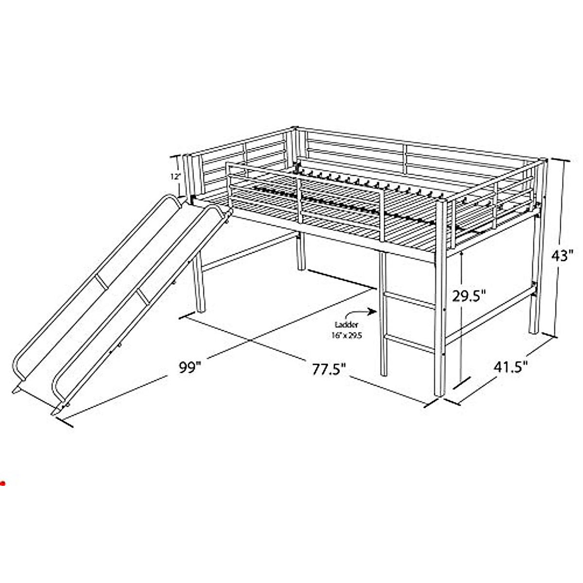 DHP Junior Twin Metal Loft Bed with Slide, Multifunctional Design, White with White Slide