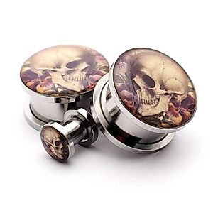 Mystic Metals Body Jewelry Screw on Plugs - Vintage Skull Style 6 Picture Plugs - Sold As a Pair (10g (2.5mm))
