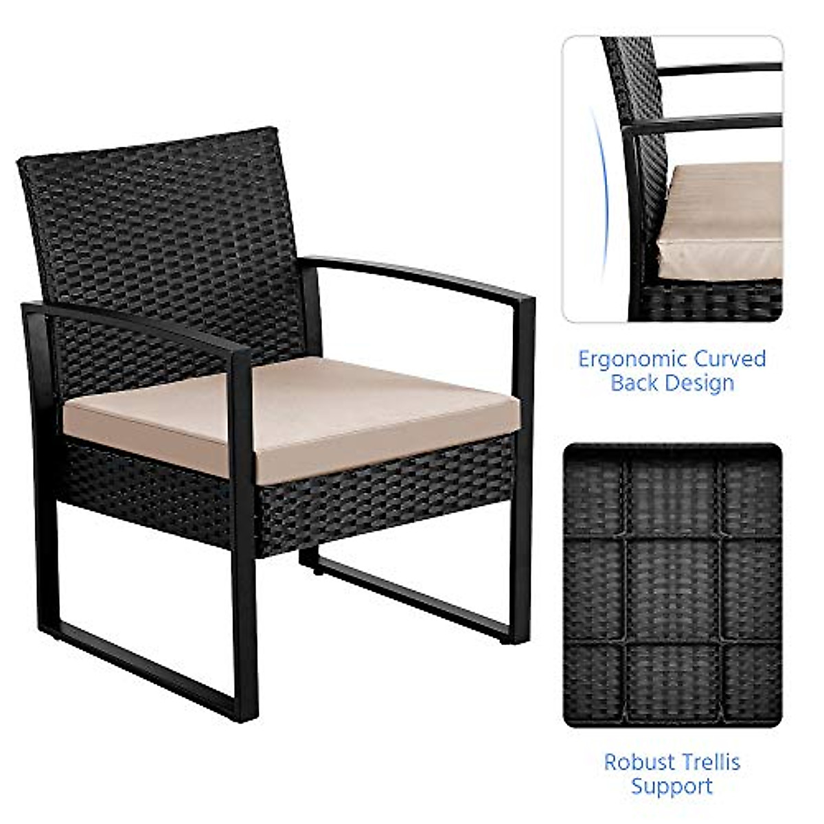 Yaheetech 3 Pieces Patio Porch Furniture Sets Outdoor Garden Furniture Sets Modern PE Rattan Wicker Chairs with Washable Cushion & Tempered Glass Tabletop Coffee Table Black/Beige