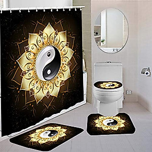 MOUMOUHOME Black Bathroom 4 Pieces Golden Lotus Curtain Flower Rugs 3D Black/White Yin Yang Tai Chi Shower Curtain Sets Flannel Toilet Lid Cover Bath Mat Contour Mat Polyester Shower Curtain