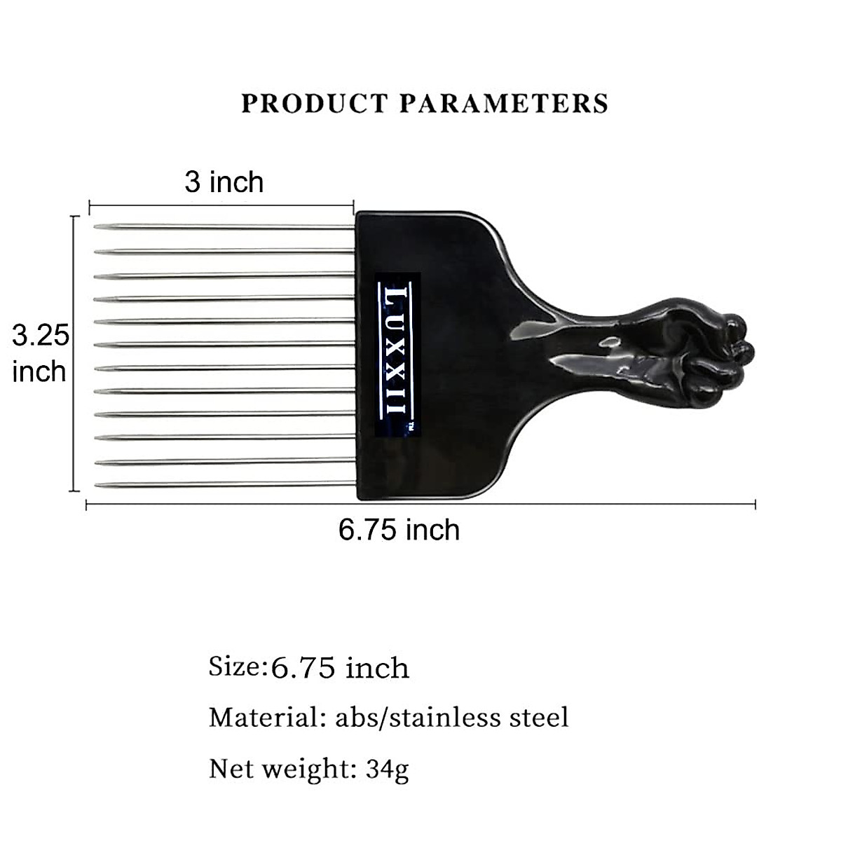 LUXXII (2 Pack) 6.75" Black Fist Metal Afro Pick Lift Hair Comb Detangle Wig Braid Hair Man Styling Comb