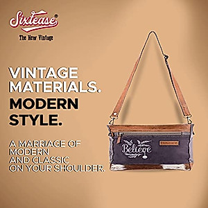SIXTEASE Womens Shoulder Bag Vintage Style Shoulder Bags for Women - Made with Genuine Leather, Upcycled Canvas, or Hair On - Handmade, Adjustable Strap, Brass and Zinc Hardware - Believe