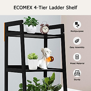 ECOMEX 4-Tier Ladder Shelf Modern Style Shelf, Ladder Bookshelf Open Storage Rack Wood Ladder Shelf with Solid Pine Frame, Freestanding Ladder Shelves for Home Office, Bedroom (Black)