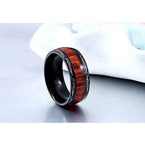 HIJONES Unisex Stainless Steel Rings Koa Real Wood Wedding Engagement Ring Band High Polished Finish Black Size 7