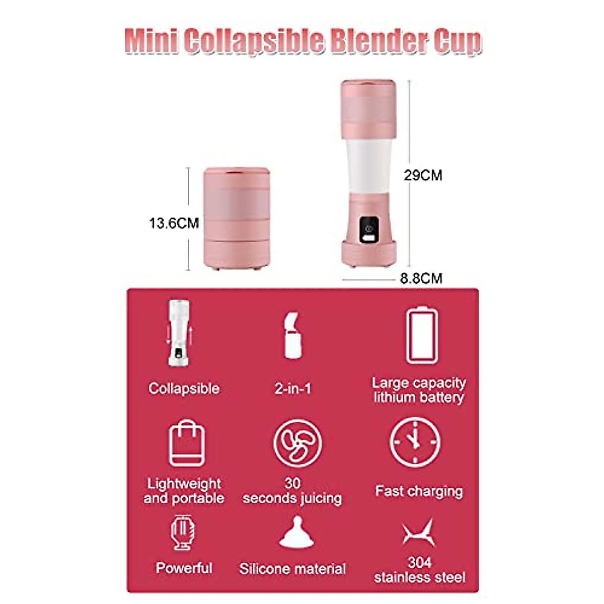 Portable Collapsible Blender with USB Rechargeable Personal Juicer Cup with 4000mAh Battery Mini Blender with Carry Handle Travel Blender for Camping/Office