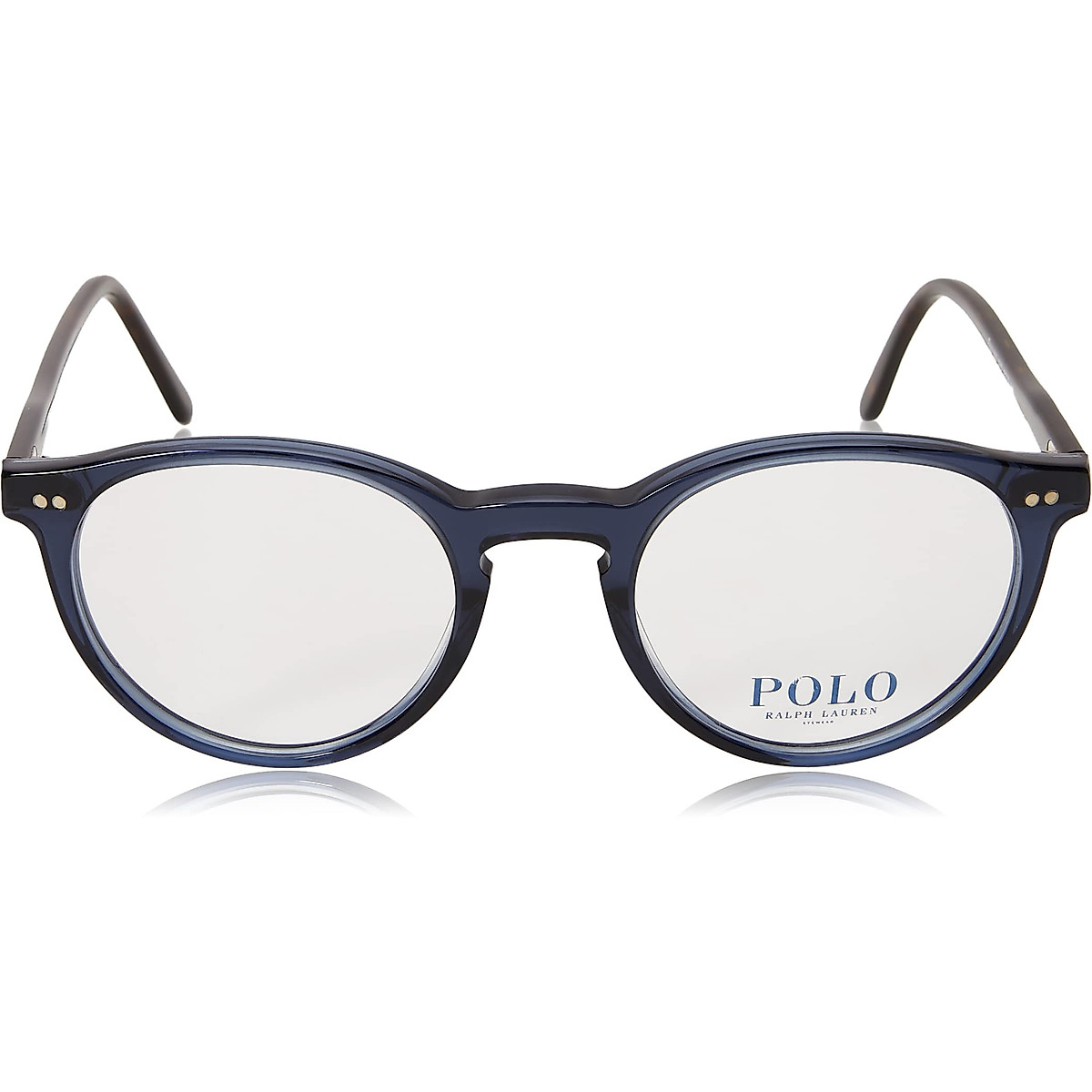 Polo Ralph Lauren Men's PH2083 Round Prescription Eyewear Frames, Shiny Transparent Blue/Demo Lens, 48 mm