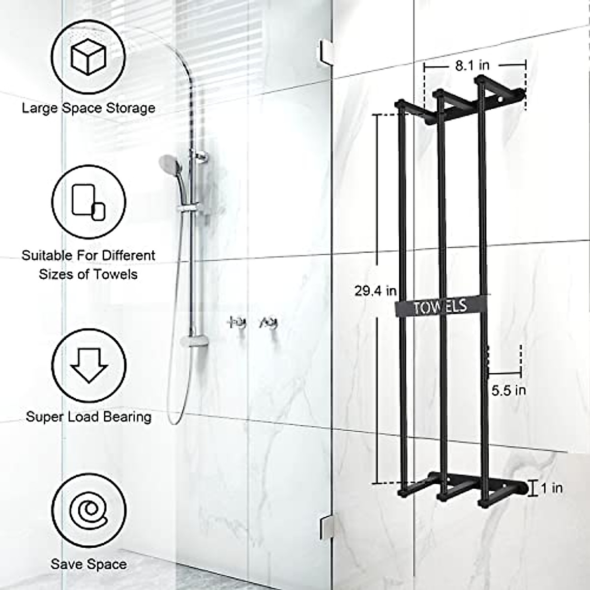 Towel Rack Wall Mounted, Towel Holder for Bathroom Wall, Minimalist Design for 3 Bar Towel Racks, for Bathroom, Camper Vans and Camper，for Folded Large Towel – Black