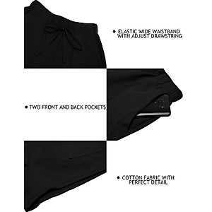 KISSMODA Women's Elastic Waist Shorts Comfy Summer Wide Leg Pockets Pull On Linen Black Shorts with Drawstring