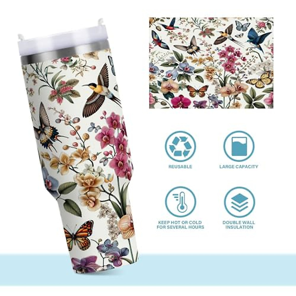 Maunzc 30 oz Tumbler with Handle and Straw, Insulated Stainless Steel Travel Mug with Lid for Coffee, Iced Tea, Water, Gift for Men Women (Botanical Textile Pattern)