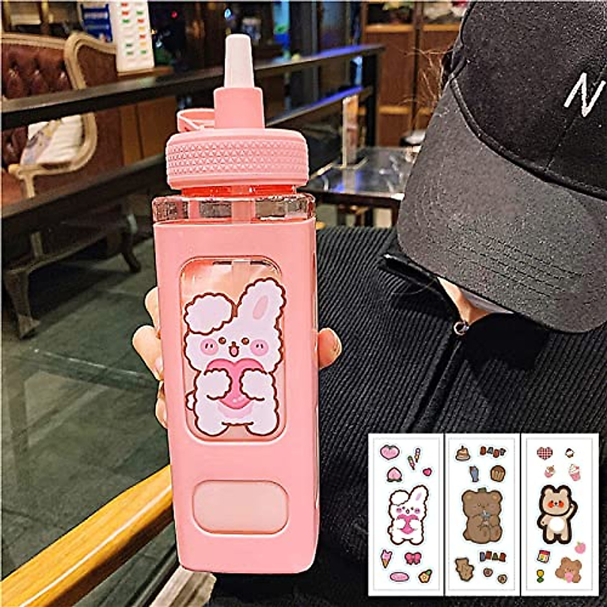 PEXIZUAN Kawaii Bear Water Bottle With Straw Sport Plastic Portable Square Drinking Bottle For Girl Cute Juice Tea Water Cups 700ml(Pink,700ml)